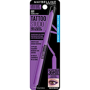 Maybelline New York Tattoo Studio Long-Lasting Sharpenable Eyeliner Pencil, Glide on Smooth Gel Pigments with 36 Hour Wear, Waterproof, Purple Pop, 0.04 oz