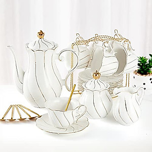 DUJUST 22 pcs White Porcelain Tea Set for 6, Luxury British Style Tea/Coffee Cup Set with Golden Trim, Beautiful Tea Set for Women, Tea Party Set, Gift Package (Including a Stand) - White