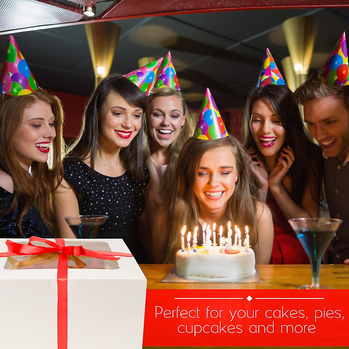 BELMAKS 10 Inch Cake Box Set – Disposable Cake Containers with Lids and Red Ribbons Bakery Boxes with Window Tall Cake Boxes 10 Inch and 10 Inch Cake Drum Paper Box for Cake with Ribbon and Cake Board