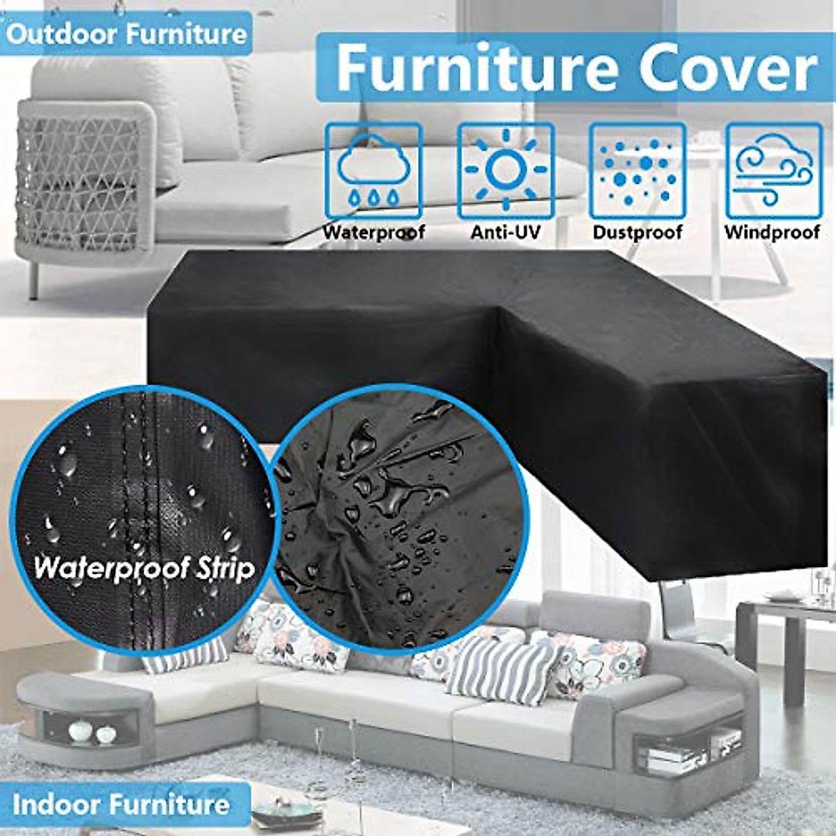 COOSOO Patio Sofa Cover Sectional Waterproof V Shape Corner Sofa Cover Outdoor Dust-Proof Anti-UV Furniture Couch Cover for Lawn Garden Yard Indoor with Windproof Buckle Extra Large Black