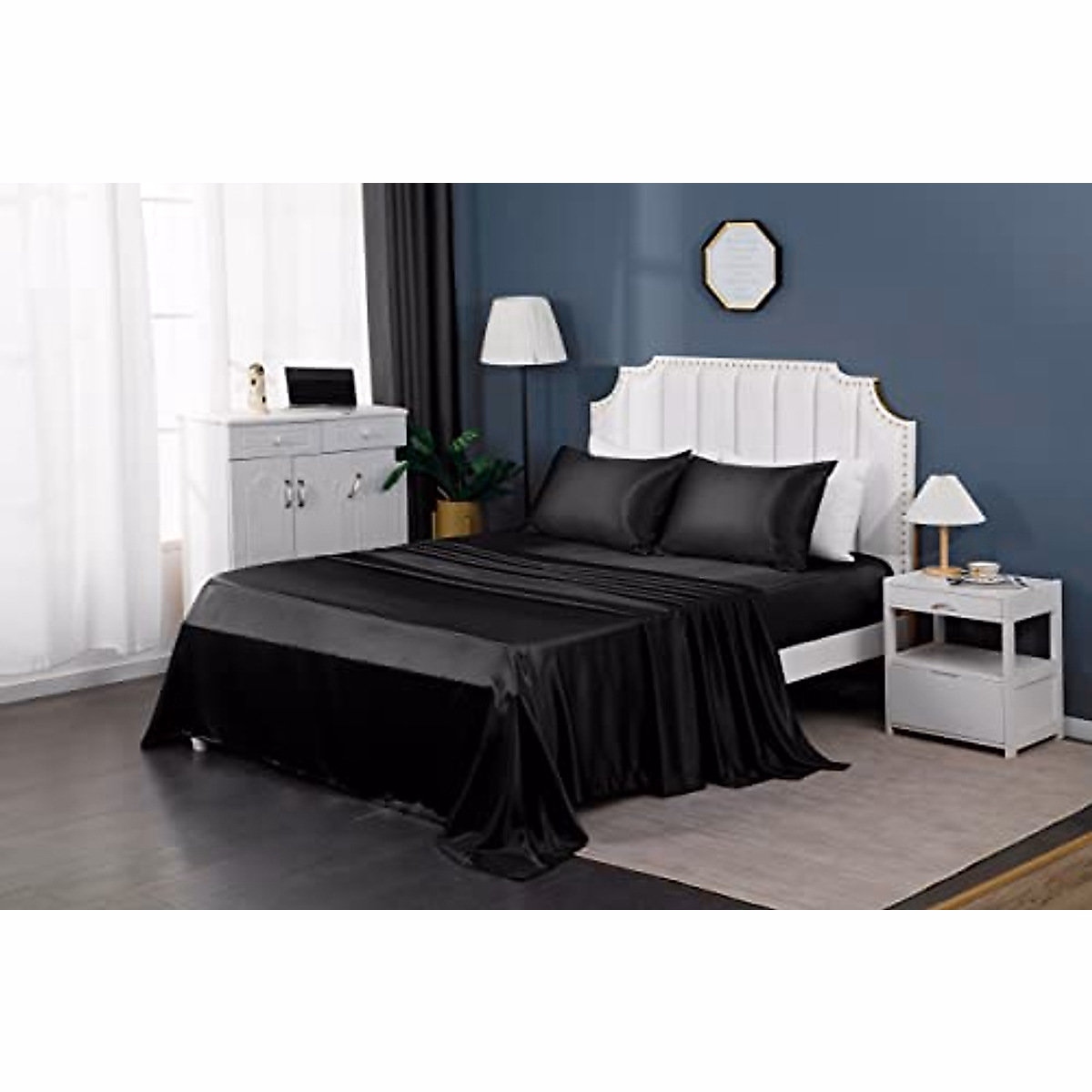 YUHX Silk Satin Pillowcase for Hair and Skin, Black Standard Size Pillowcase Set of 2, Soft Silky Pillow Cases with Envelope Closure (20x26 inches,Black)