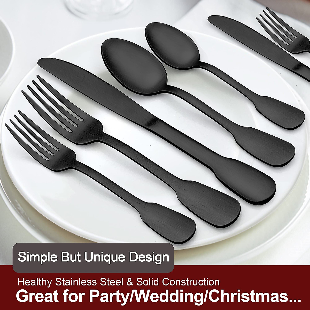 Matte Black Silverware Set for 12, E-far 60-Piece Stainless Steel Flatware Cutlery Set with Design Handle, Modern Metal Tableware Eating Utensils for Kitchen Restaurant Wedding, Dishwasher Safe