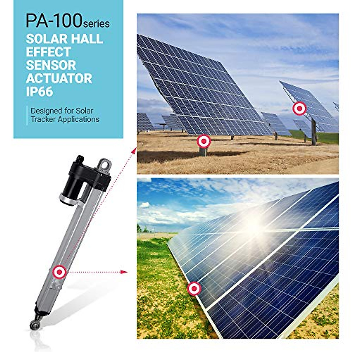 PROGRESSIVE AUTOMATIONS 24V Solar Linear Actuator – (36 in. 3300 lbs.) Hall Effect Electric Sensor with IP66 & Brushed DC Motor. Designed specifically for The Solar Industry. PA-100-36-3300-HS-24VDC
