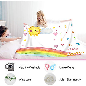 Cartoon Rainbow Baby Monthly Milestone Blanket, 48x40in Sun Cloud Heart Shape Colored Dots Blanket Hand Painted for Newborn Baby Shower,Baby Growth Chart Photography Blanket BTLSME96
