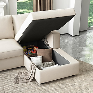 HONBAY Sleeper Sectional Sofa with Storage Chaise U Shaped Sectional Couch for Living Room, Velvet Sleeper Sectional Couch with Pullout Bed, Beige