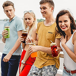 Drinking Glasses with Bamboo Lids and Glass Straw 8pcs Set, 16oz Beer Glasses Glass Cups, Iced Coffee Glasses, Ideal for Whiskey, Soda, Tea, Great Gift + 2 Cleaning Brushes