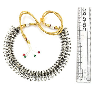 athizay Necklace oxidised silver choker for women fashion traditional Indian jewelry tribal inspired antique silver Choker Metal jewellery (Tooth Bead with Drawstring)