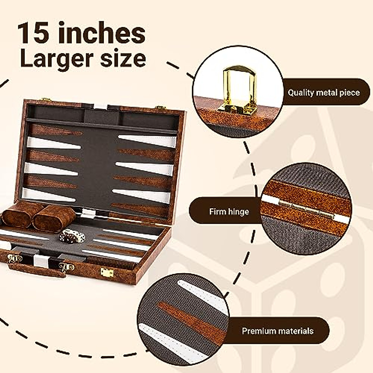 ropoda Backgammon Board Game Set (15 Inches) for Adults and Kids - Classic Board Strategy Game - Portable and Travel Backgammon Set with Premium Leather Case - Best Strategy & Tip Guide