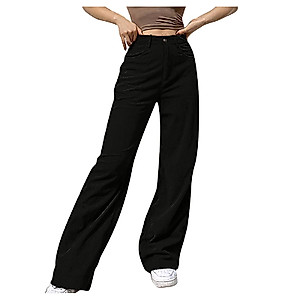 Corduroy Pants for Women, Women's Pants High Waist Corduroy Solid Pants Vintage Y2K Straight Leg Baggy Trousers A-Black