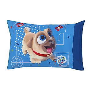 Disney Puppy Dog Pals - Puppy Pal Fun - 4Piece Toddler Bed Set - Coral Fleece Toddler Blanket, Fitted Bottom Sheet, Flat Top Sheet, Standard Size Pillowcase, Blue, Red, Gray, Tan