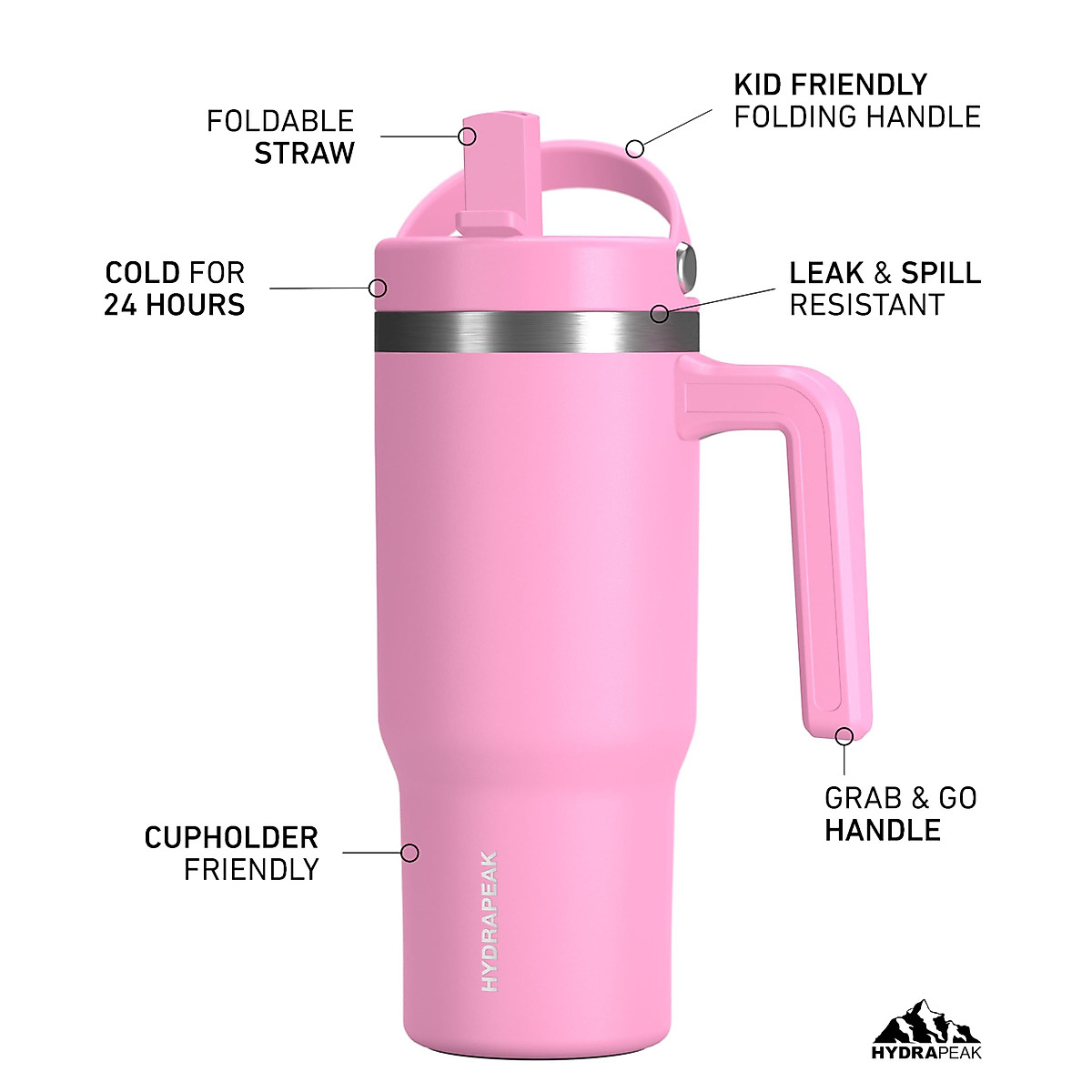 Hydrapeak Kids Voyager 18 oz Tumbler with Handle and Flip-Up Straw Lid | Spill Proof and Leak Resistant | Reusable Stainless Steel Water Bottle | Gift for Kids Boys Girls | Bubblegum
