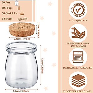 Suclain 50 Pack Glass Favor Jars with Cork Lid 3.4 oz Small Glass Bottles Jars with 100 Labels 50 Gift Bags Twine Mini Candy Containers for Wedding Favors Pudding Honey DIY Projects