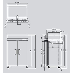 Lucky Kitchen 52 inch Double 2 Door Side By Side Stainless Steel Reach in Commercial Refrigerator for Restaurant, 45 Cubic Feet