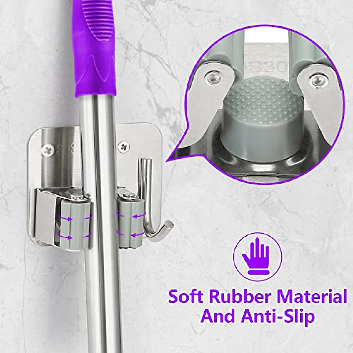 Broom Holder Wall Mount Screw Drilling, Sturdy Heavy Duty Stainless Steel Mop Gripper Rack Perforate, Perfect for Laundry Room Organize Fit Laundry Kitchen Garage Garden Storage System (Silver-4)