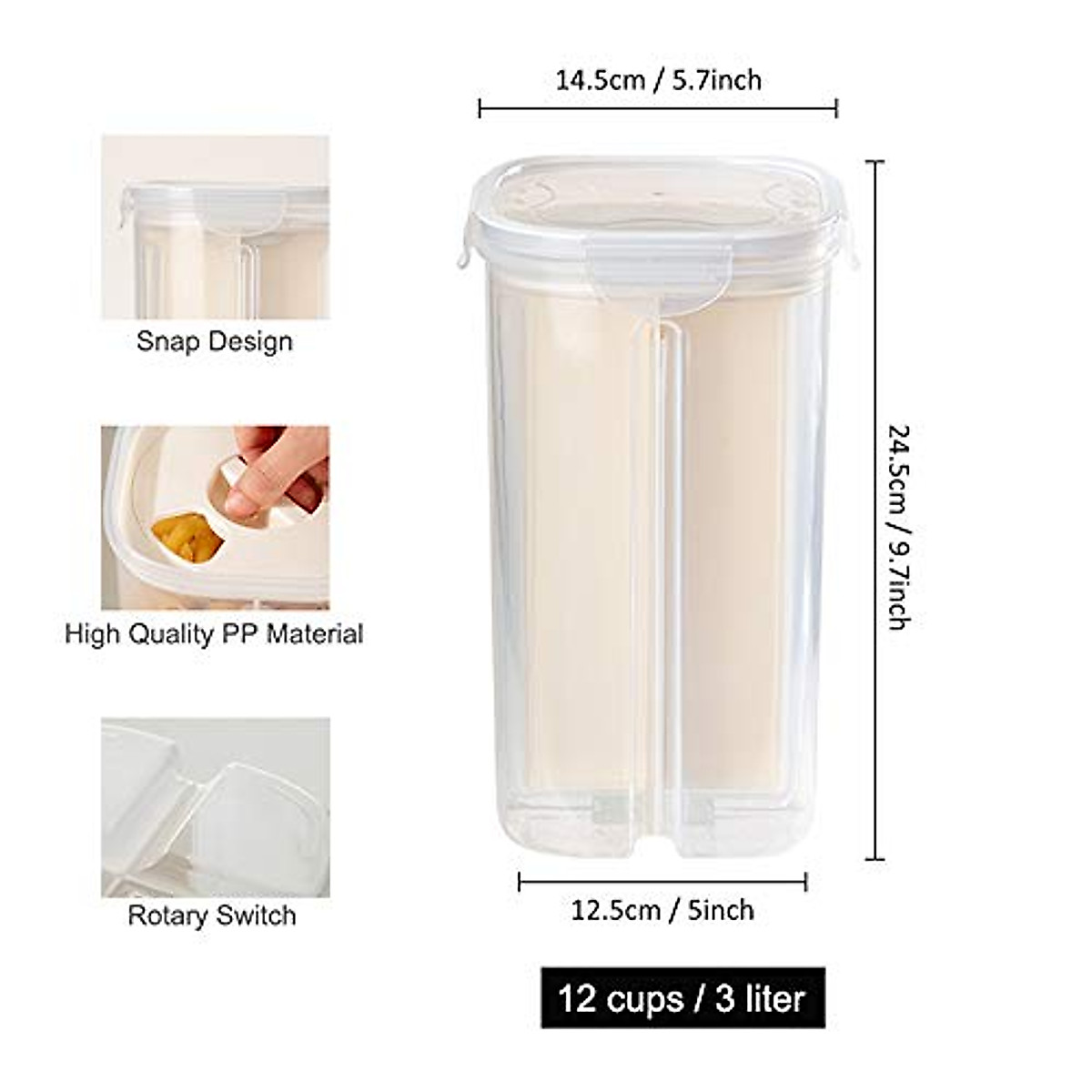 AIKENR Airtight Food Storage Container, Clear Kitchen Cereal Storage Containers with Airtight Food Lids and Compartments Ideal for Cereal Candy Snacks, 3L