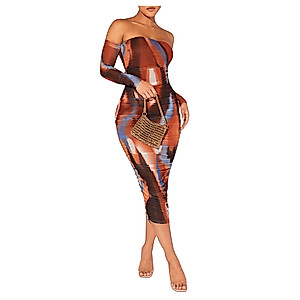 GORGLITTER Women's Tie Dye Bodycon Dress Off The Shoulder Ruched Long Sleeve Midi Dresses Multicolor Large