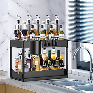 Under Sink Organizer, 2 PCS Adjustable Height Organizer Drawers 2 tier Multi-purpose Under Sliding Cabinet Basket, Kitchen Bathroom Cabinet Shelf Under Sink Organizers and Storage White