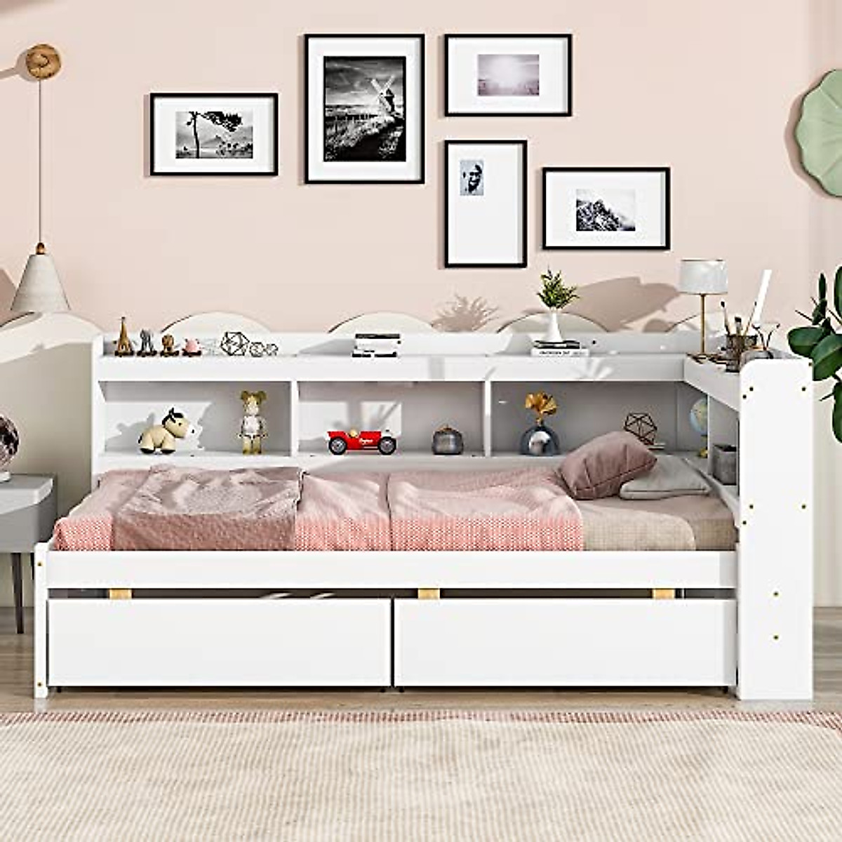 HomSof Twin Bed with L-Shaped Bookcases,Drawers,White