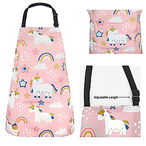 fangyunri Kids Apron with Pocket for Girls Unicorn Rainbow 6-12 Pink Child Art Smock Kitchen Bib Waterproof Toddler Chef Apron Adjustable Neck Strap for Cooking Painting Baking Crafting Art Gardening