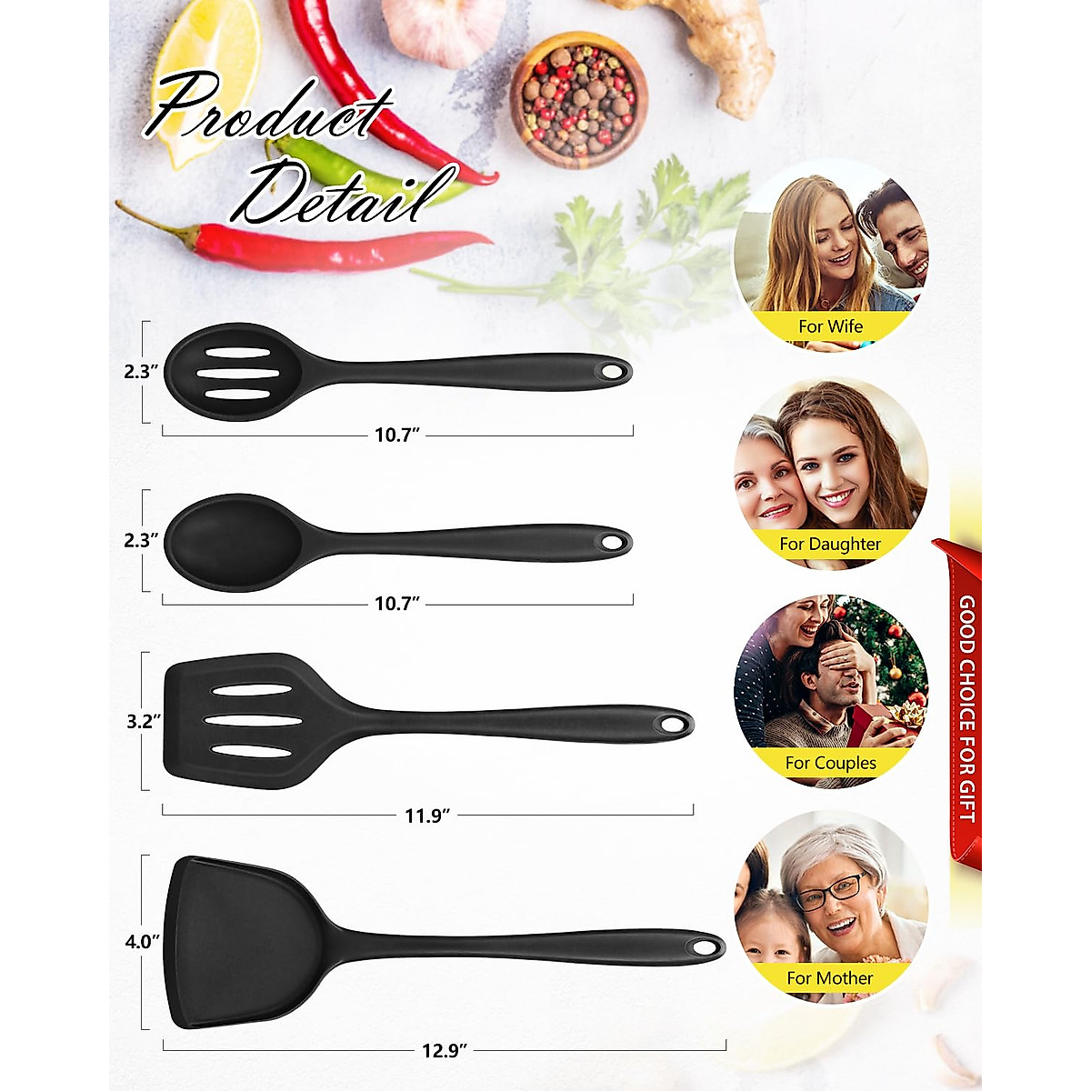 4 Pcs Silicone Kitchen Utensils Set, Wok Spatulas-Slotted Turner-Cooking Spoon-Slotted Spoon, Nonstick BPA Free High Heat Resistant Cooking Utensils for Frying, Mixing, Serving, Draining, Stirring