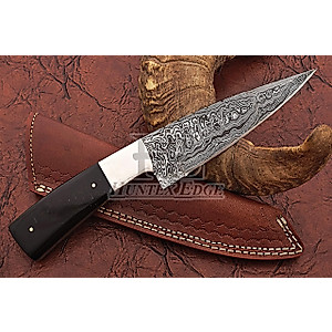 HUNTEX Handmade Hand-Forged Ladder Pattern Damascus Steel 10 Inch Long Full Tang Natural Buffalo Horn Handle Razor Sharp Hunting Camping Skinning Knife w/Genuine Leather Pouch