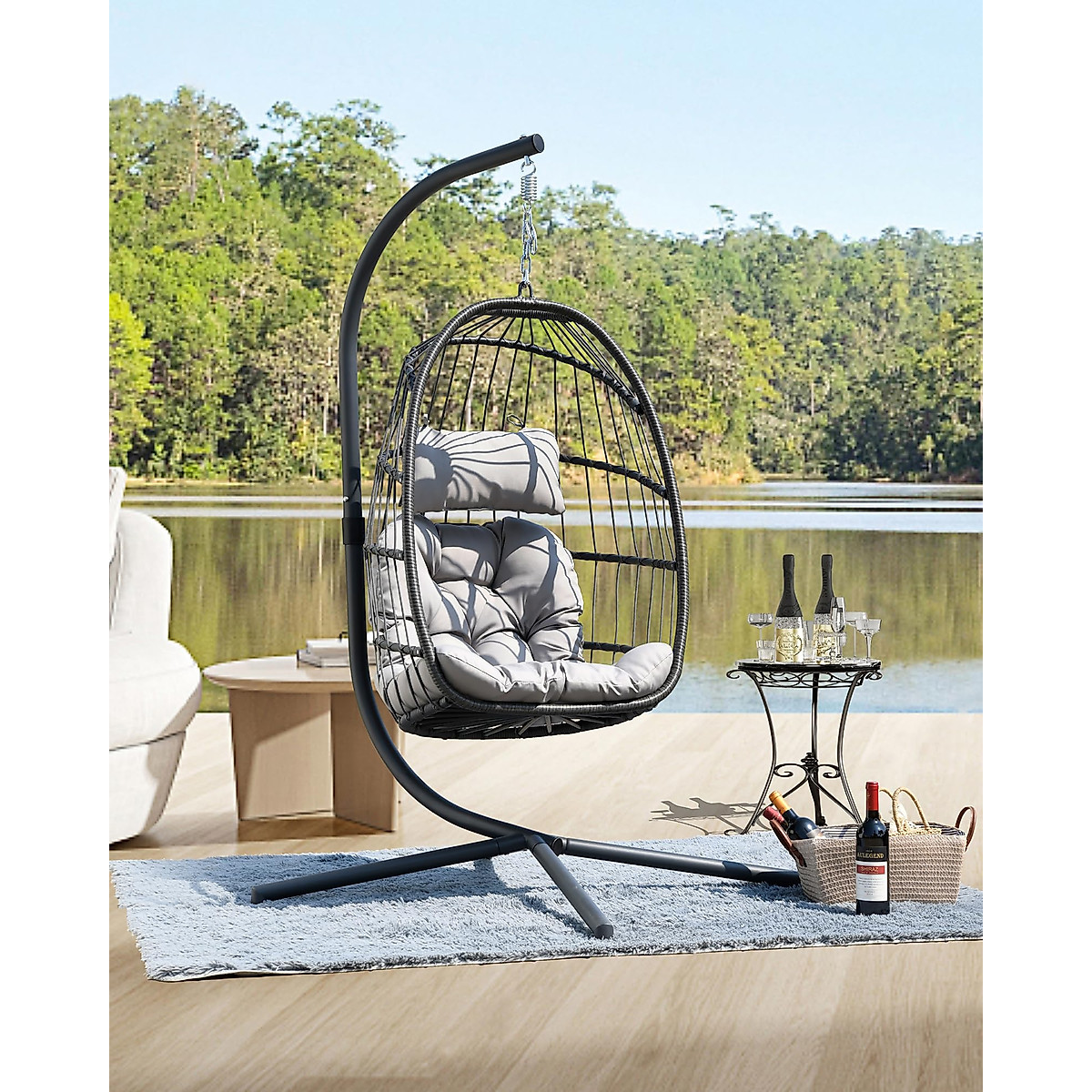 HWB Hanging Egg Chair with Stand, Patio Wicker Hammock Egg Swing Chair with Cushion for Bedroom Garden Indoor Outdoor (Grey)