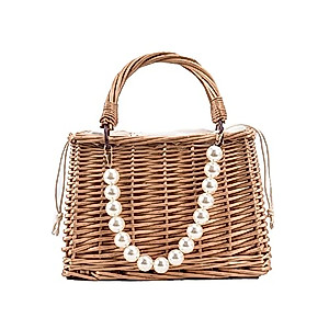 ZHYLing Handmade Woven Purse Wicker Beach Handbag Fashion Women Pure Color Rattan Woven Pearl Basket Handbag Mini Tote Lunch Bags (Color : 1)