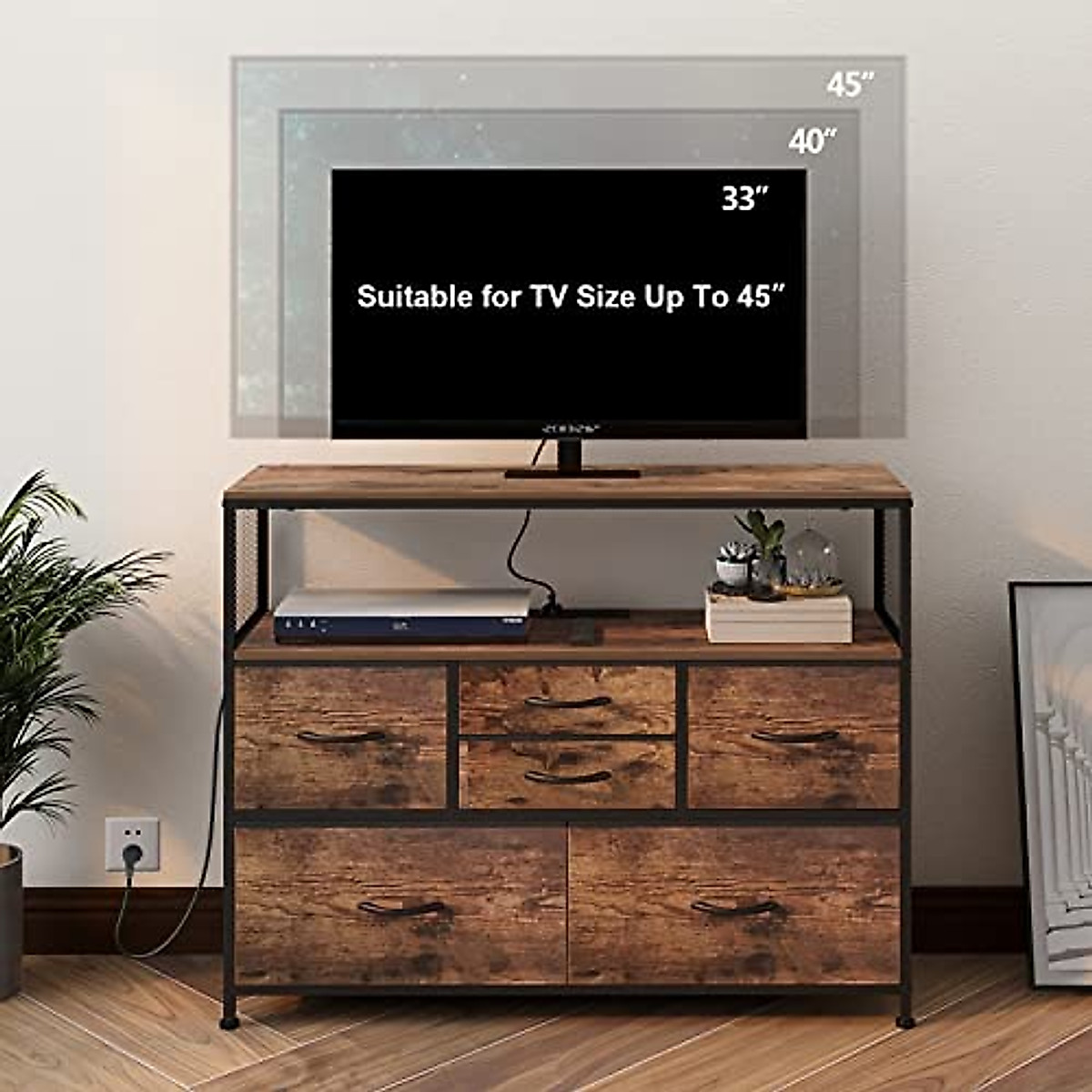 Simoretus TV Stand with Power Outlet and Fabric Drawers Entertainment Center for TV up to 45 inch Industrial Open Storage Shelf Media Console Dresser for Living Room Bedroom