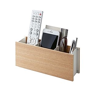 YAMAZAKI Caddy Home Desk Tv Pen Holder | Steel + Wood | Remote Control & Tablet Organizer, Small, Ash