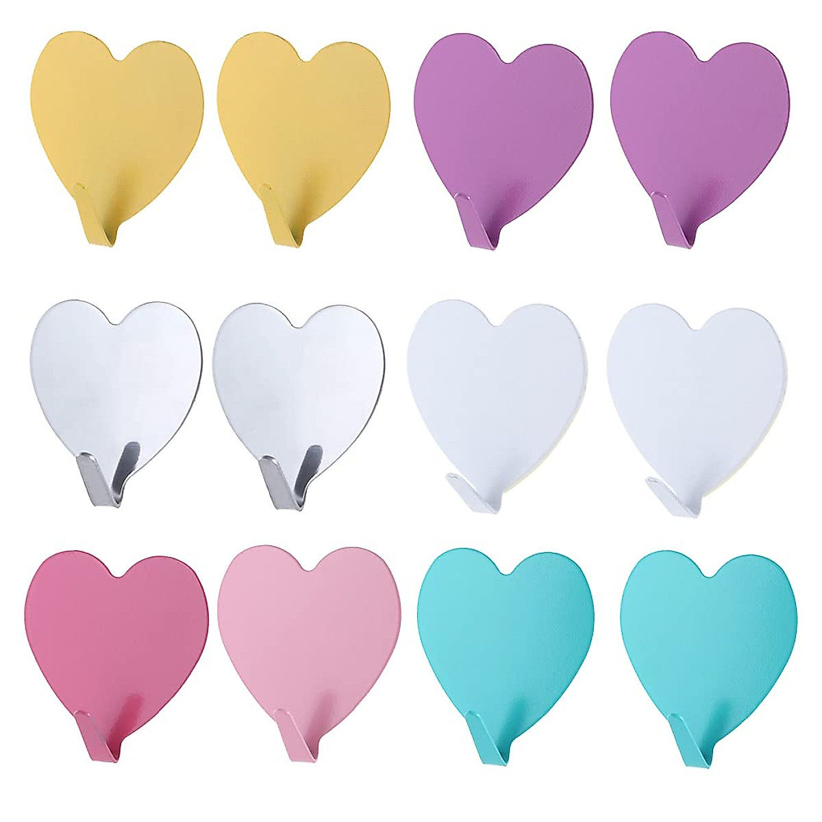 Vctitil 7/12 Pack Utility Hooks Heart Shaped Decorative Wall Hooks Strong Sticky Self Adhesive Hooks Stainless Steel Wall Hook (7 Color) (12 Pcs)