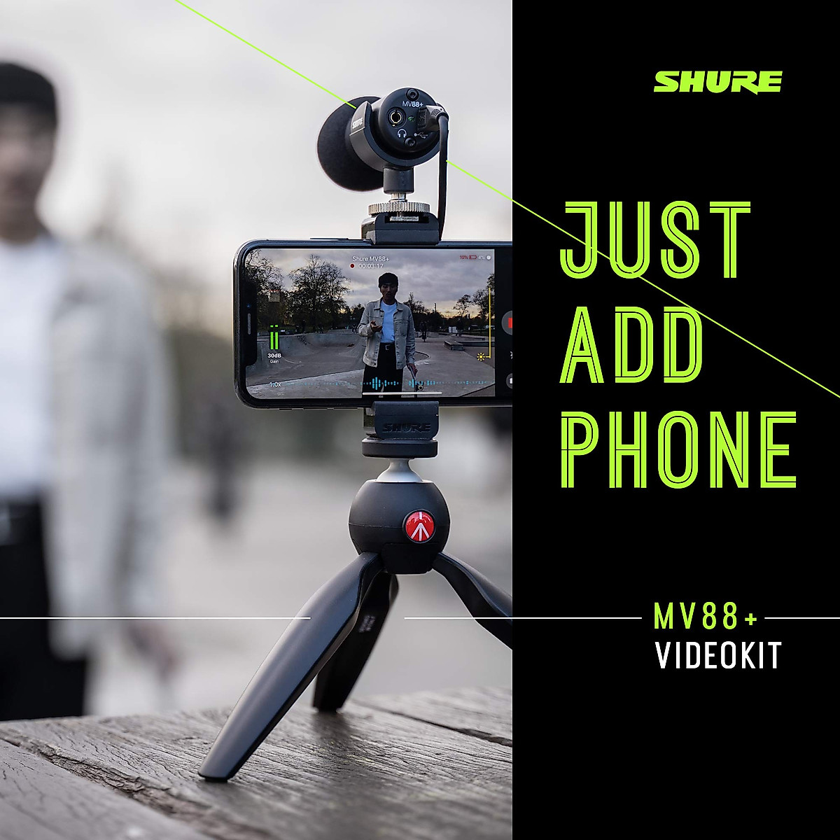 Shure MV88+ Video Kit - Digital Stereo Condenser Microphone for Apple and Android, with Manfrotto PIXI Tripod, Phone Clamp, Mount, iOS and USB-C Cables for Next-Level Connectivity (MV88+ Video KIT)