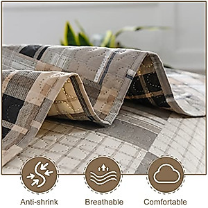 CHESITY King Size Quilt Set - Plaid & Stripe Bedding Sets, 3-Piece Brown Bedspread Sets, Reversible Lightweight, Grid Coverlet, Patchwork Soft Quilt for Bed (96" x 108")