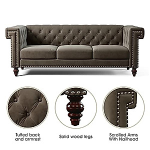 Merax 82.75" Traditional Chesterfield Couch Velvet Button Tufted 3-Seater Sofa with Key Arms,Nailhead for Living Room Bedroom Brown Love Seats