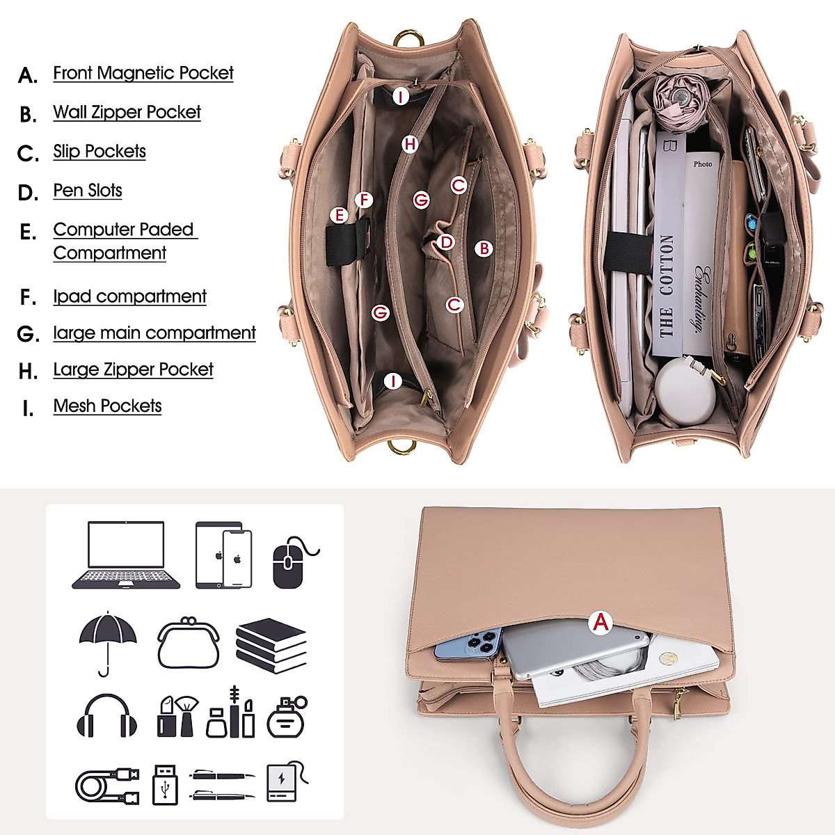 RAINSMORE Laptop Bag for Women 15.6 Inch PU Tote Bag Business Office Work Bag Waterproof Briefcase Computer Tote Lightweight Handbag Shoulder, Khaki