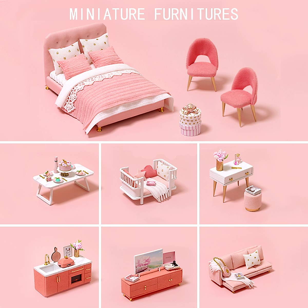 GuDoQi DIY Miniature Dollhouse Kit, Mini Dollhouse Kit with Furniture, Tiny House Kit Plus Dust Cover, DIY Miniature Kits, Gift for Birthday Easter Day, Sweet Angel
