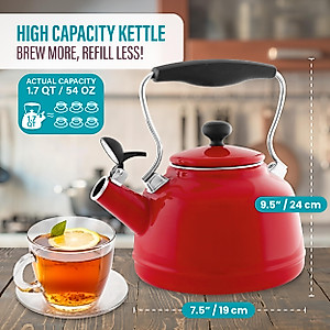Chantal Tea Kettle, 1.7 QT, Vintage Series, Premium Enamel on Carbon Steel, Whistling, Even Heating & Quick Boil (Chili Red)