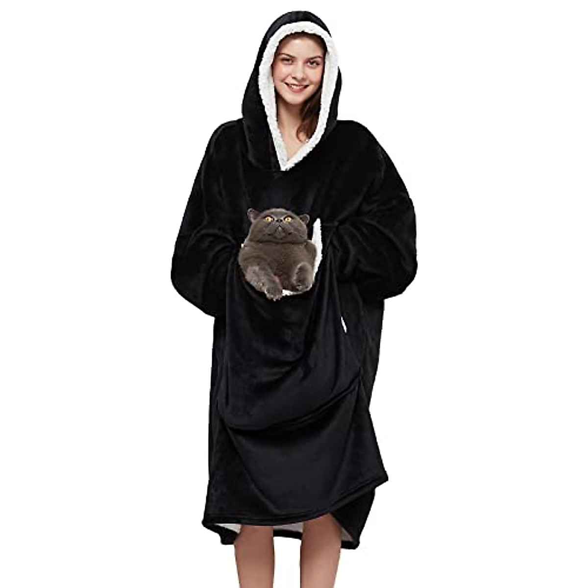 Cozystar Wearable Blanket Hoodie with Giant Pocket （Cat Approved） Extra Soft Sherpa Fleece Thick Warm ＆ Cozy Oversized Sweatshirt Blanket Jacket with Sleeves Gifts for Adult Men Women - Black