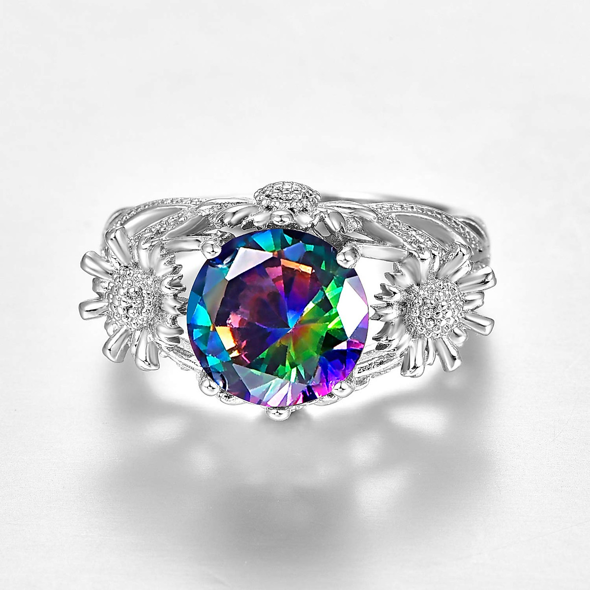 Narica Silver Plated Round Cut Created Rainbow Topaz CZ Cubic Zirconia Filled Eternity Halo Cocktail Wedding Engagement Dainty Sunflower Band Elegant Women's Flower Ring for Mom Bridal Lover 10#