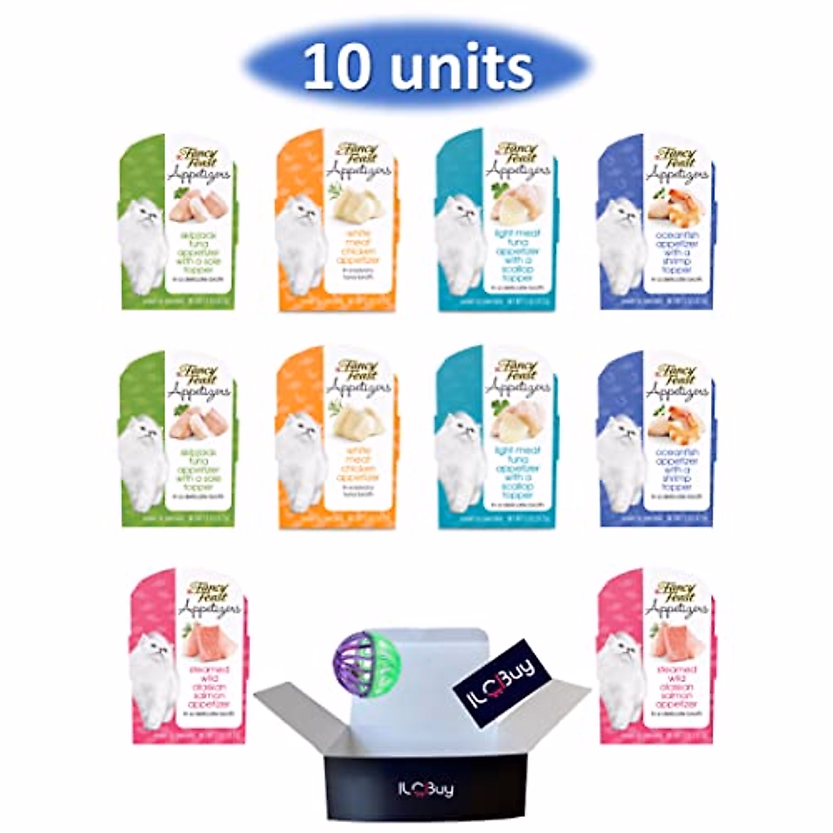 Fancy Feast Appetizers Gourmet Cat Complement Bundle 10 Can in Total, 2 Each: Salmon, Tuna, Chicken, Oceanfish and Skipjack Tuna (1.1 Oz) Plus a Noisy Cat Toy Ball and Magnet