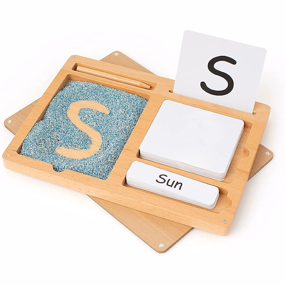 Montessori Sand Tray for Kids 3 4 5 6 Years Old Sand Writing Tray Learning Sensory Toy Educational Alphabet and Phonic Words Comes with Sand, Tray, Lid, 2 Sets of Flashcards, Stylus (Dark Blue)