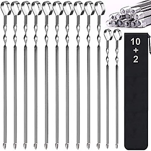 Kabob Skewers, 17" Metal Kebab Skewers Flat Long Stainless Steel Wide Reusable BBQ Barbecue Shish Kabob Sticks Skewers for Grilling Meat Shrimp Chicken Vegetable, 12 Pack Including Bonus 14" Skewers