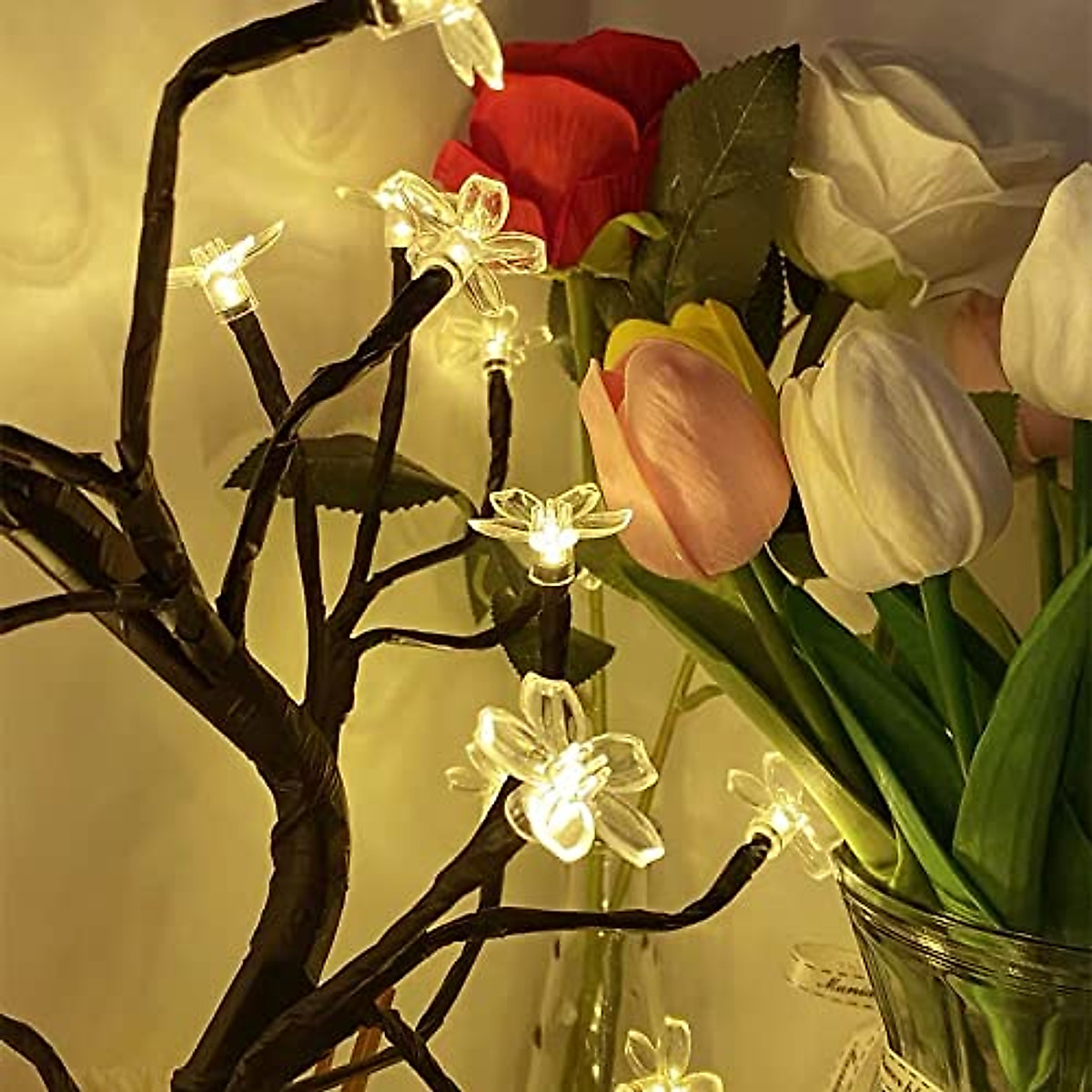 pete mici Cherry Blossom Tree Lights 17 inch 40LED Tabletop Bonsai Tree Lights USB Powered Cherry Blossom Flower Lamp Fairy Light Tree for Bedroom Home Decoration (Warm White)