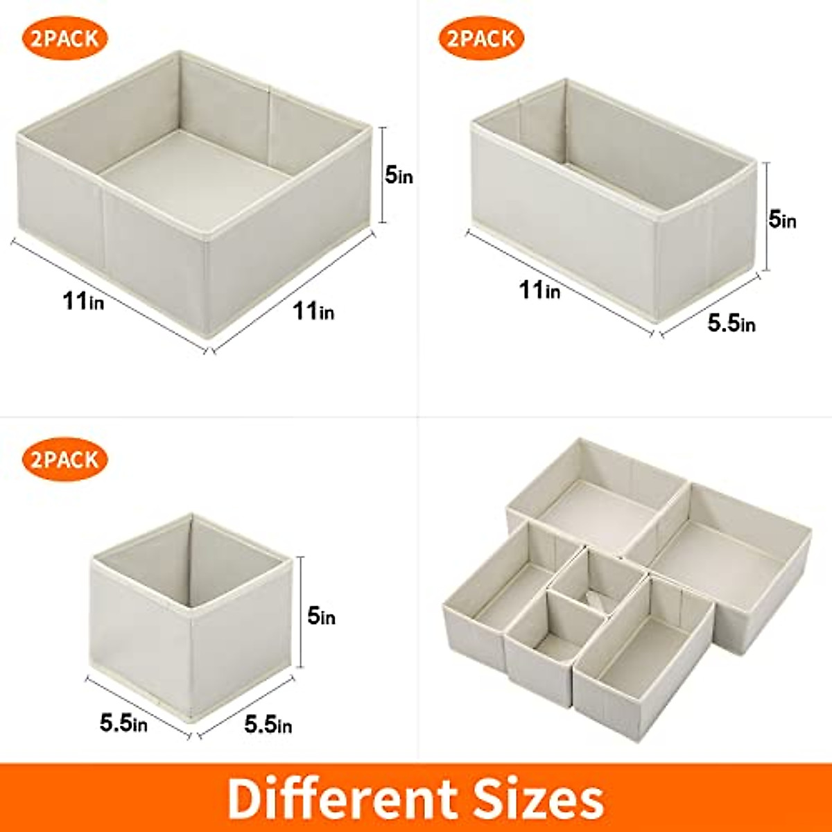 Stero 6 Pack Drawer Organizers for Clothing, Dresser Drawer Organizer Clothes, Fabric Foldable Closet Organizers and Storage Basket Bins for Clothes, Underwear, Bras, Socks (Light Grey)