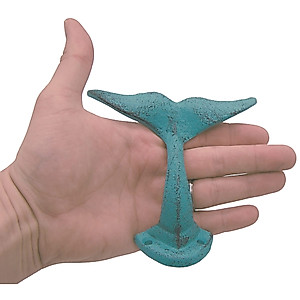 Light Blue Whale Tail Cast Iron Wall Hooks, Wall Mounted for Hanging Coats, Purses, Towels, Hats, Beach Themed Wall Decor, Set of 3, 4.75 Inches High