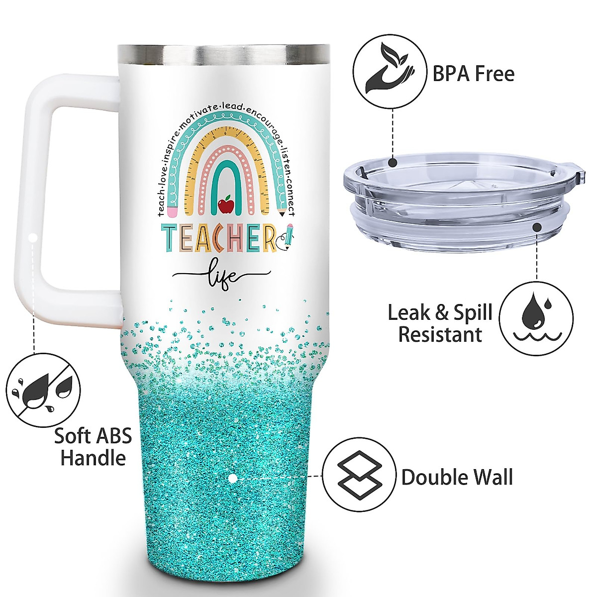 thmasamwr 40oz Teacher Tumbler with Handle, Stainless Steel Teacher Water Bottle Cup, Teacher's Travel Coffee Mug, Thanksgiving,Christmas,Graduation Gifts for Teachers