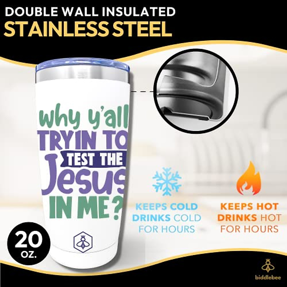Biddlebee Best Friend Birthday Gifts Travel Coffee Mug w/ Slider Lid | 20oz Insulated Coffee Tumbler | Why Y'All Tryin to Test the Jesus in Me Cup | Funny Gifts for Women | Gifts for Mom