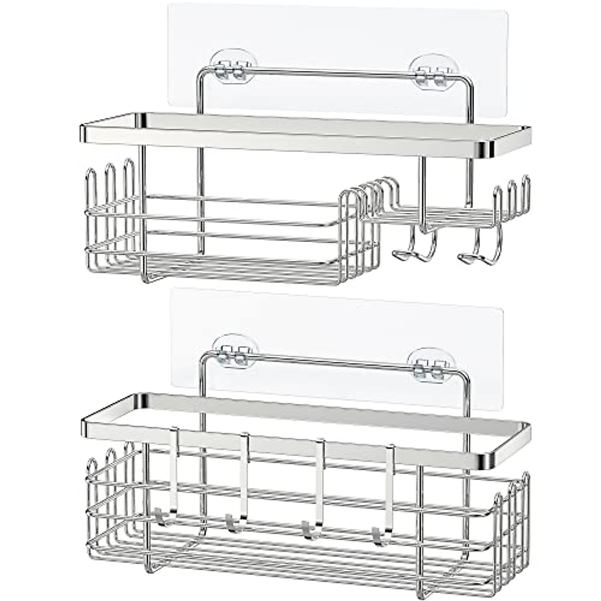 PARAKE Shower Caddy Organizer with Soap Holder, 2-Pack SUS304 Stainless Steel Shower Shelves, Self Adhesive Rustproof Shower Caddy with Hooks, for Bathroom Shampoo Soap Storage Kitchen Rack, Silver