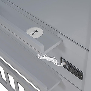 Twin House Bed for Kids, House Platform Bed with Upholstered Sofa, Charging Station, Wireless Charging, Storage Shelves and Two Drawers, Light Strip Included, Gray