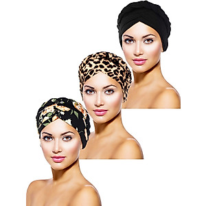 3 Pieces Women Turban Head Wrap Pre-Tied Bonnet Beanie Hat Sleeping Cap Headwrap (Retro Pattern) Multicoloured