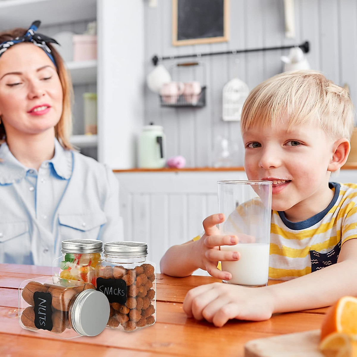 12 Oz Square Plastic Jar Storage Container with Lids Labels Pen, Wide Mouth Clear PET Seal Jar Empty Candy Jar Airtight Plastic Mason Jars Plastic Spice Containers for Kitchen Storage Craft (24 Pcs)